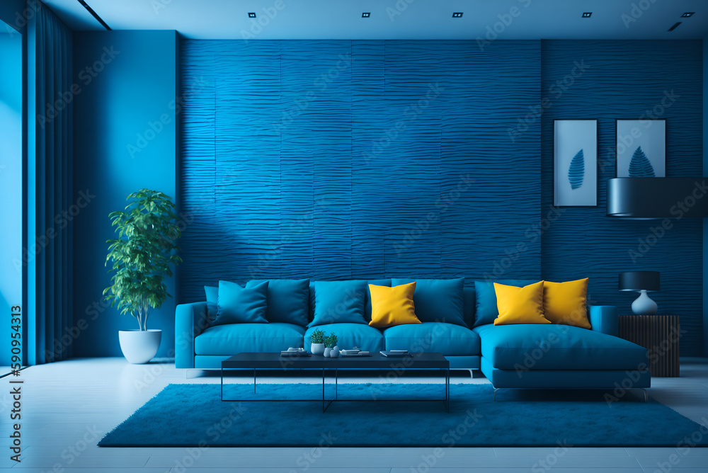 3d rendering image of modern living room interior design and blue wall ...
