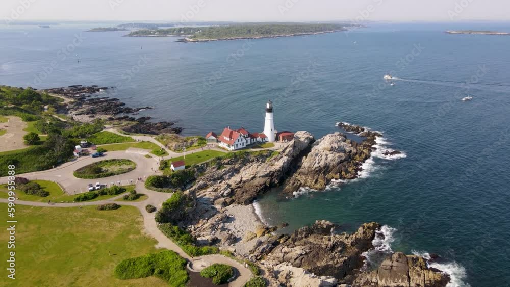 Portland Head Lighthouse aerial view in summer, Cape Elizabeth, Maine ...