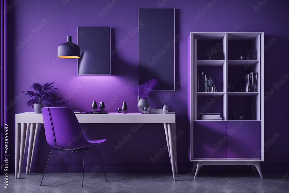 Violet room Very Peri. Chair, cabinet, and lamp. Interior with a modern ...