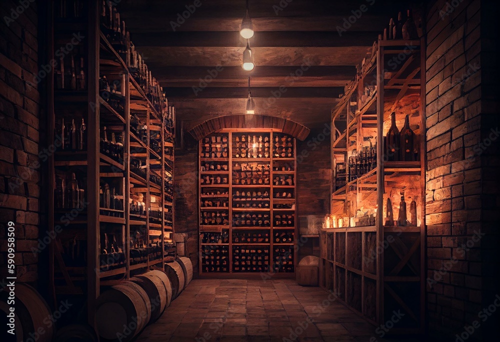 An illustration of a rustic winery cellar with rows of wooden shelves ...