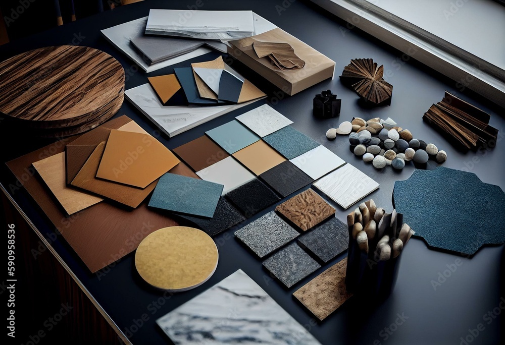 variety of furniture and flooring material samples for interior design ...