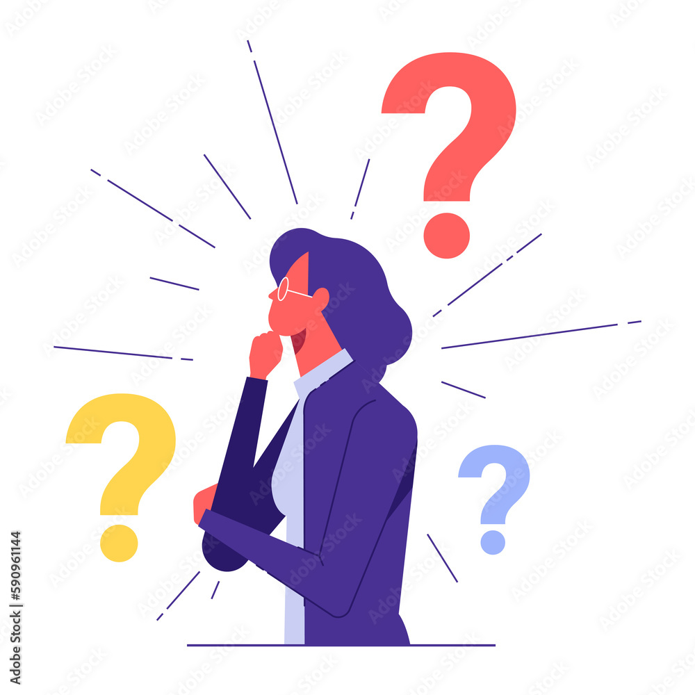 Person having a question. A female character, standing in a pensive ...