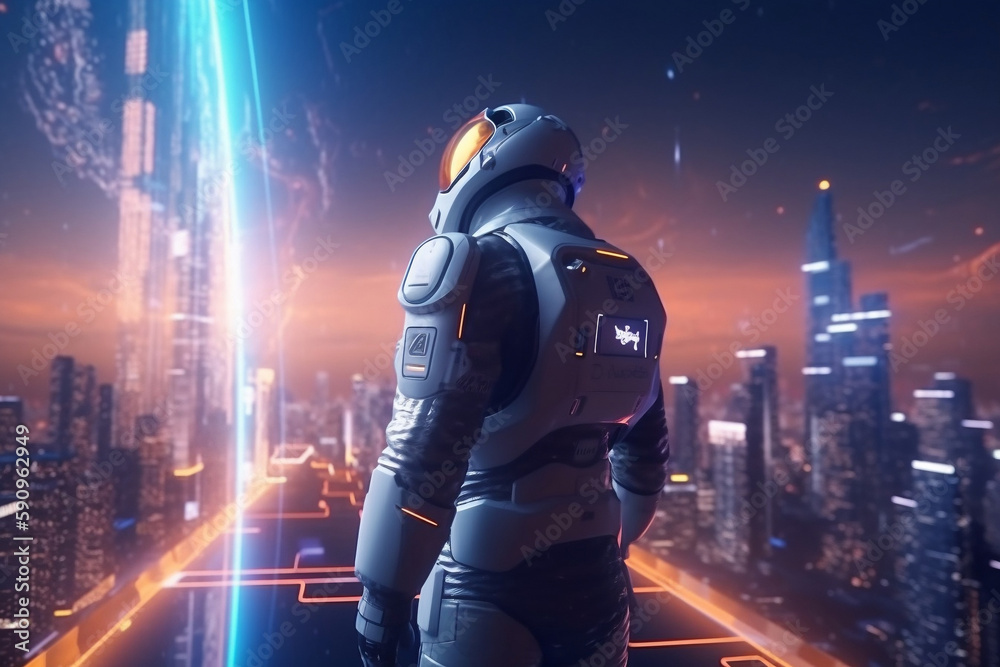 Astronaut walking into future. Futuristic, modern, AI. Created using ...