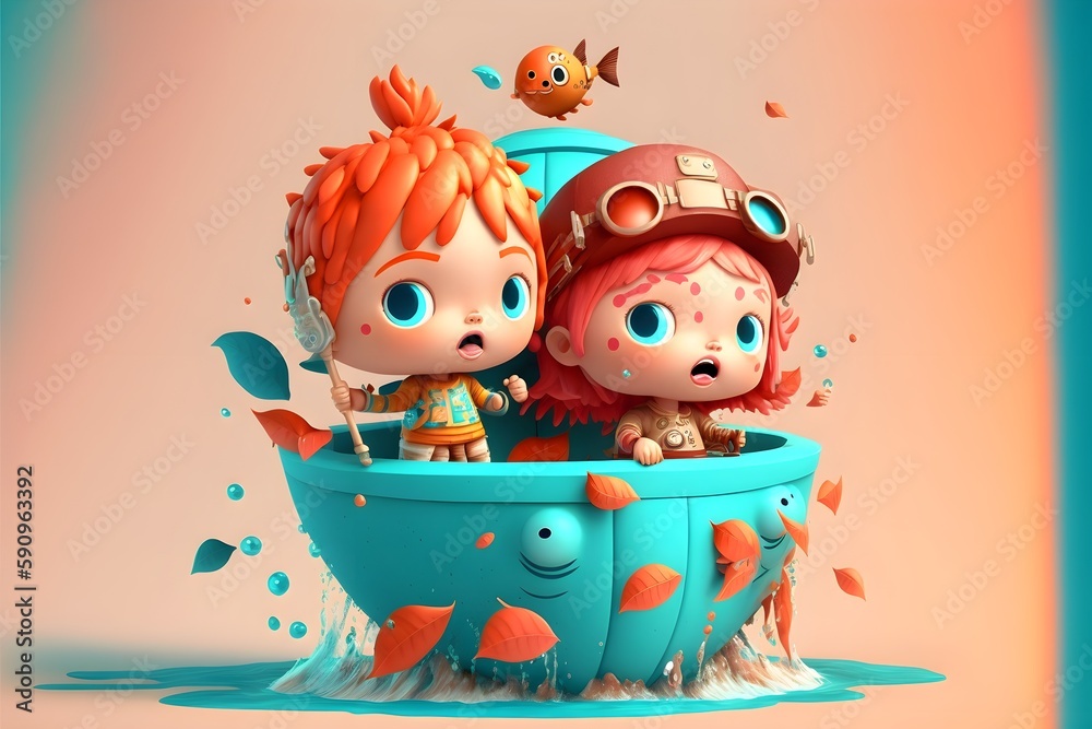 3D animated kids tv show boy and girl in waterworld cute simple ...