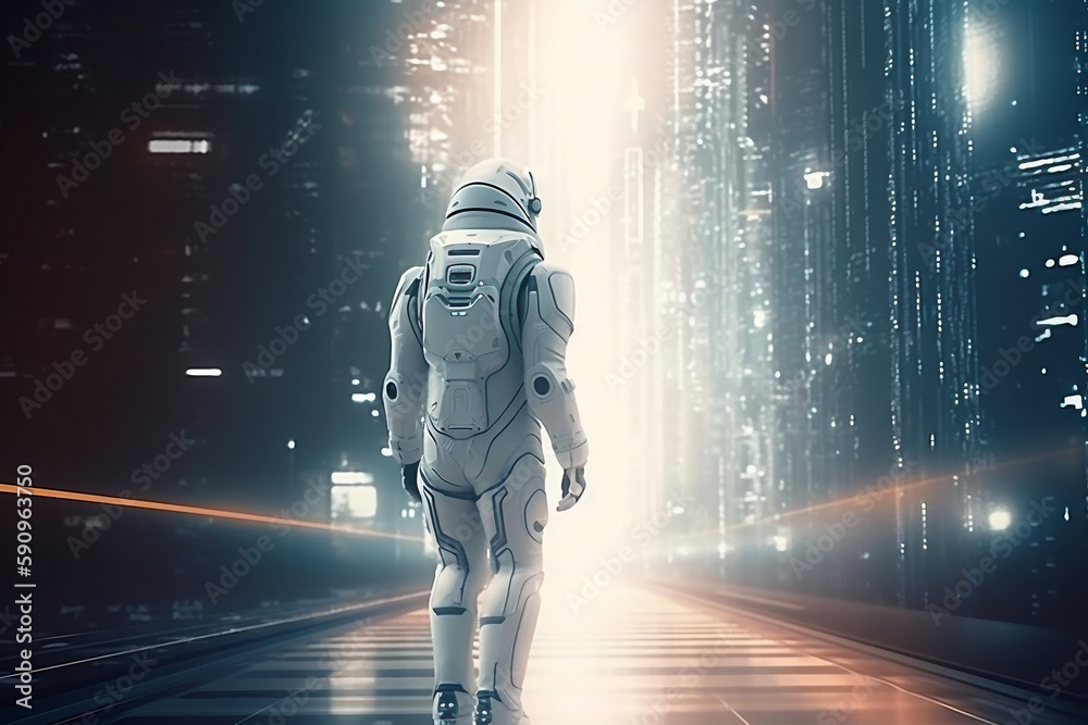 Astronaut walking into future. Futuristic, modern, AI. Created using ...