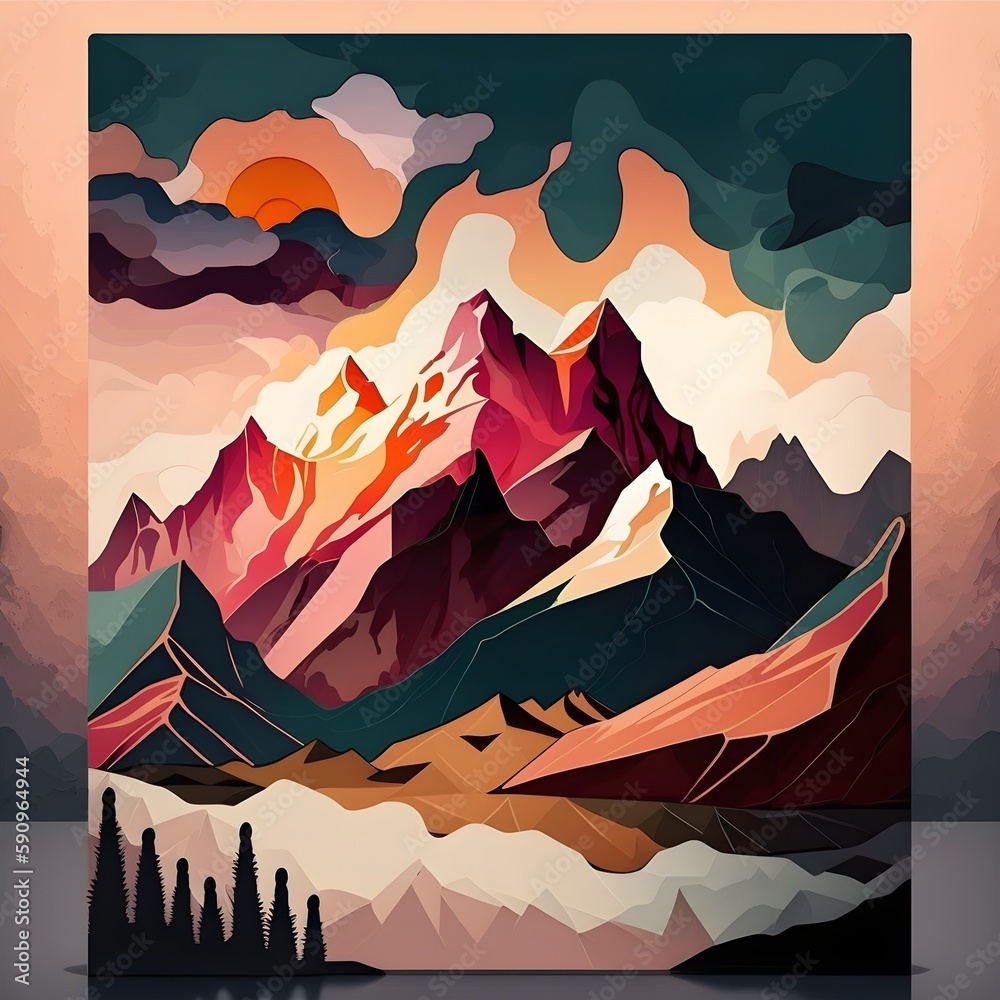 create a abstract mountain landscape scene inspired by the grandeur and ...