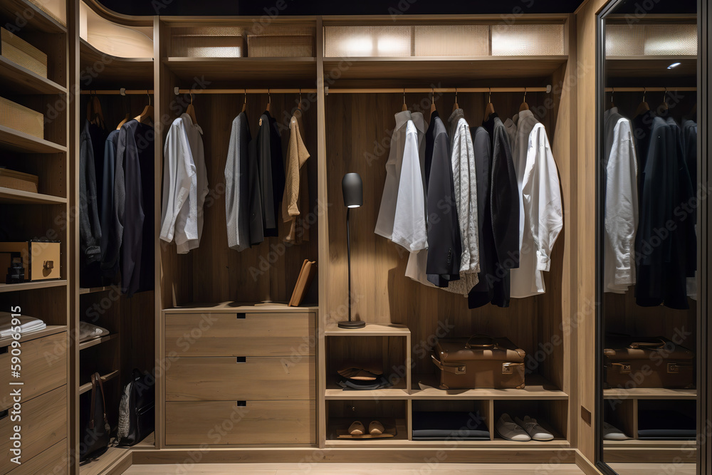 Front view of a sleek wooden wardrobe with hanging clothes in a tidy ...