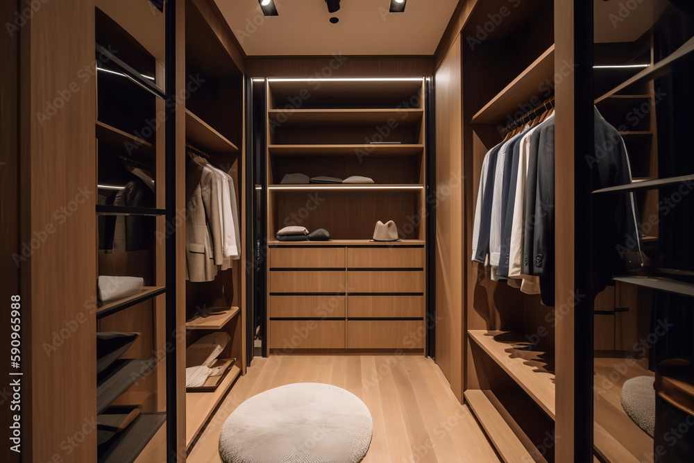 Front view of a sleek wooden wardrobe with hanging clothes in a tidy ...