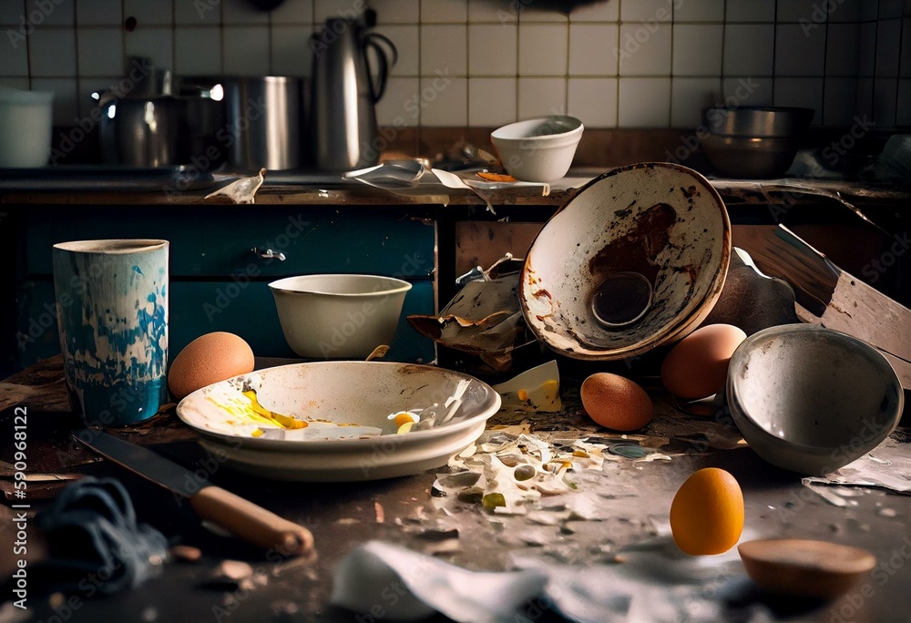 kitchen mess from rotting eggs, dirty plates and bowls in small kitchen ...
