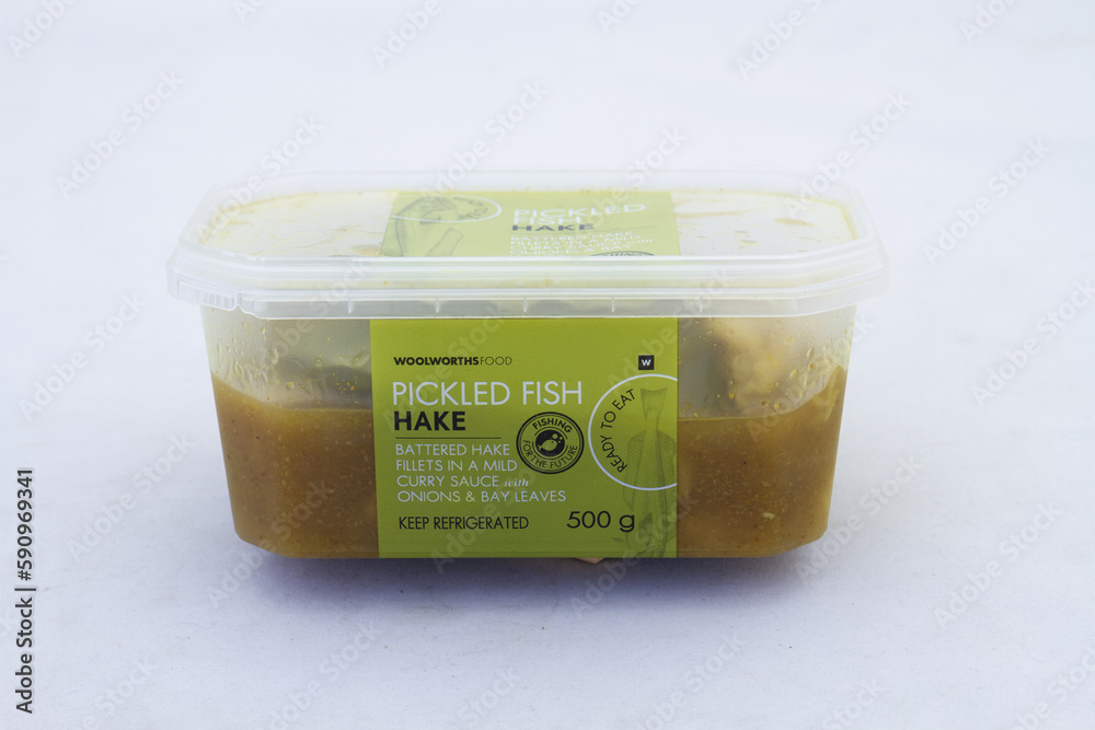 Johannesburg, South Africa - a tub of pickled hake from Woolworths Food ...