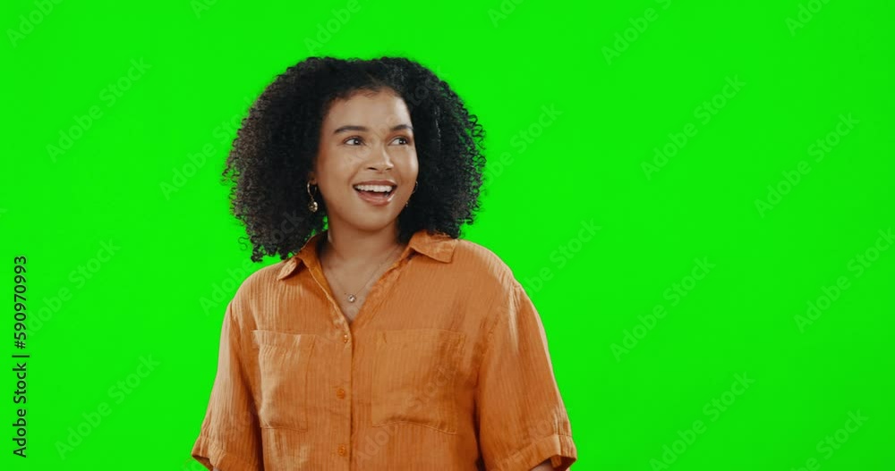 Woman, green screen and amazed while looking around in studio isolated ...