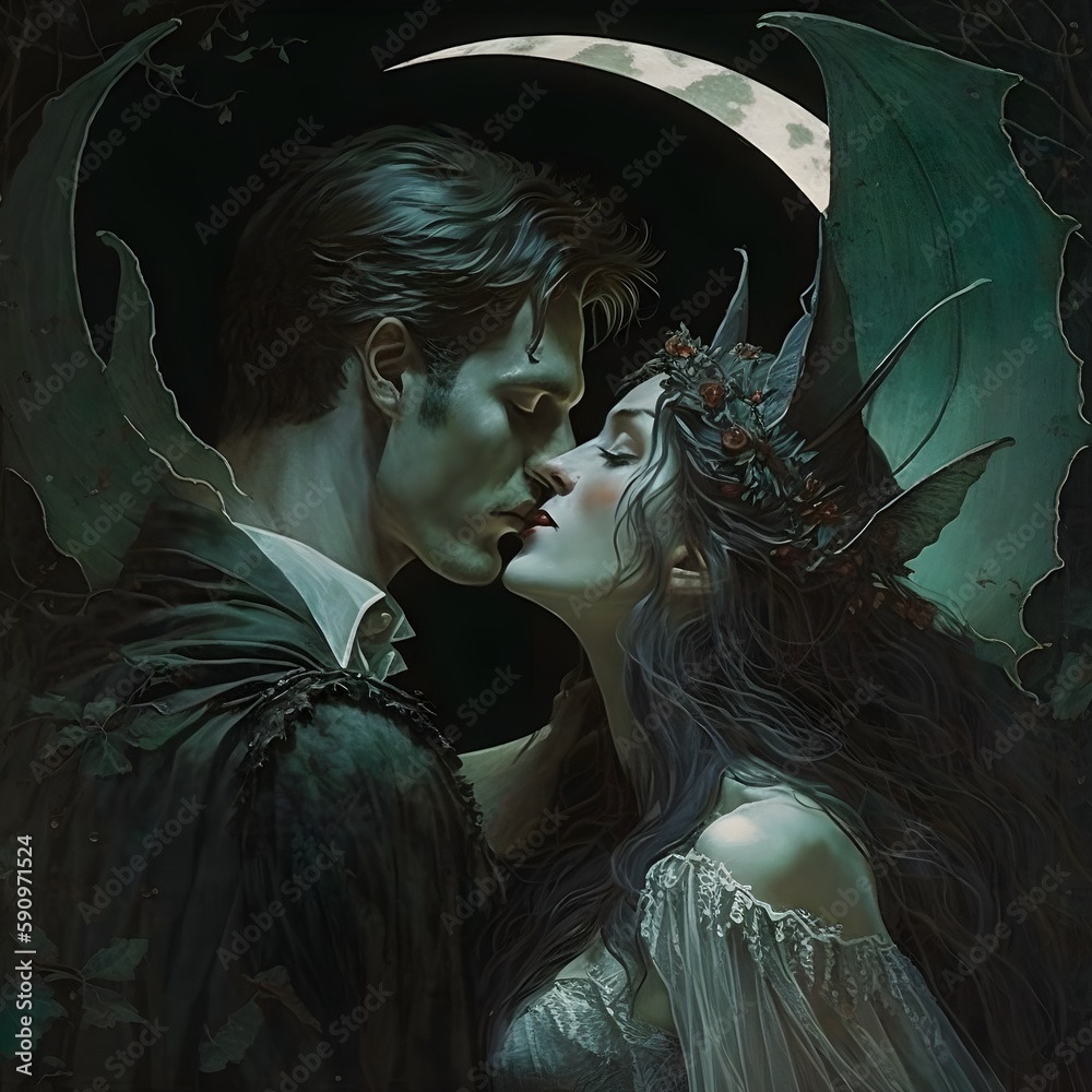 Beautiful Dark vampire couple nobles kissing entwined character art ...