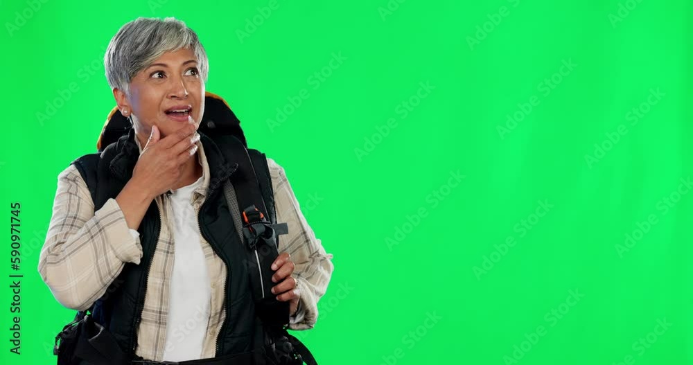 Vidéo Stock Backpack, green screen and woman hiking isolated on studio ...
