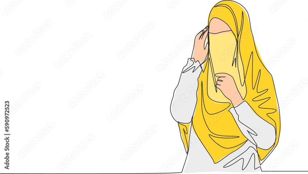 One continuous line drawing of young happy cute saudi arabian muslimah ...