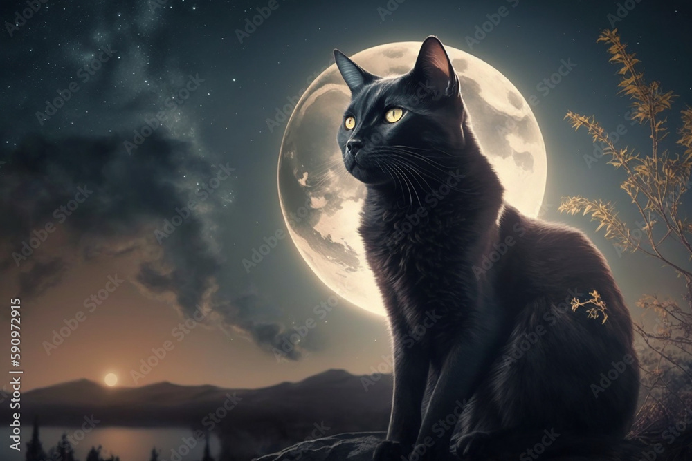 Black cat with full moon and surreal cosmic sky background illustration ...