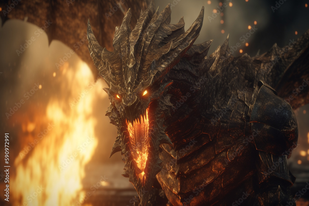 Fire Dragon with Knight army fantasy black winged dragon illustration ...