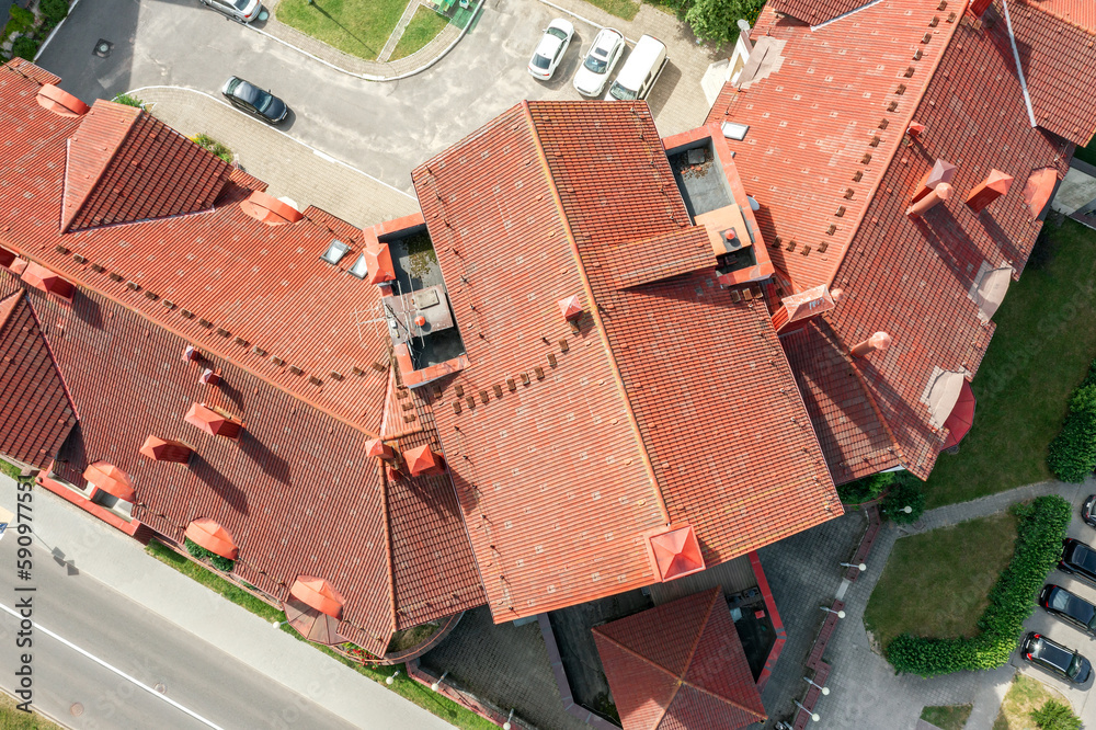 suburb residential area. apartment buildings with red roofs. aerial ...