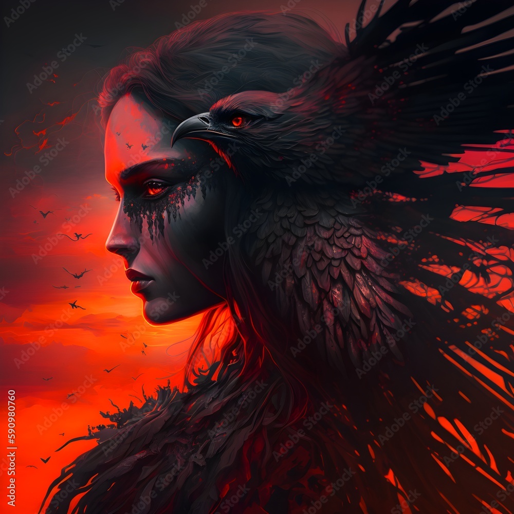 digital painting ultra realistic scream of the raven queen sunset red ...