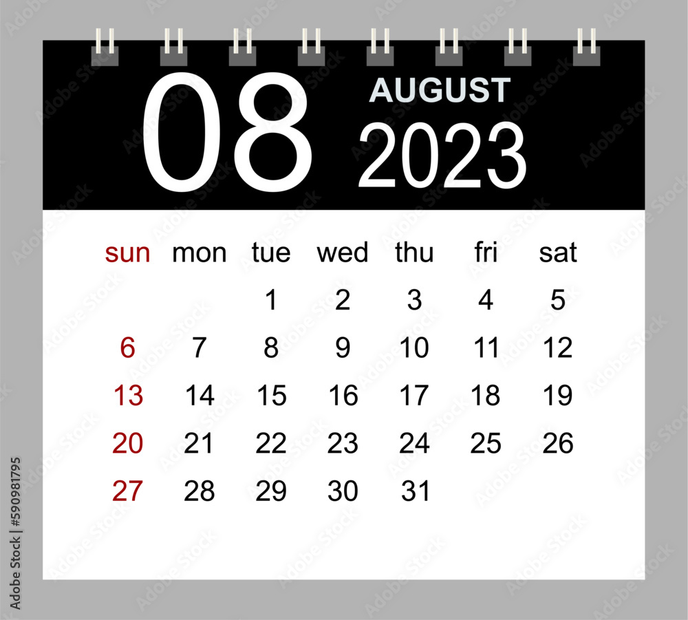 August 2023. Vector monthly calendar template 2023 year in simple style ...
