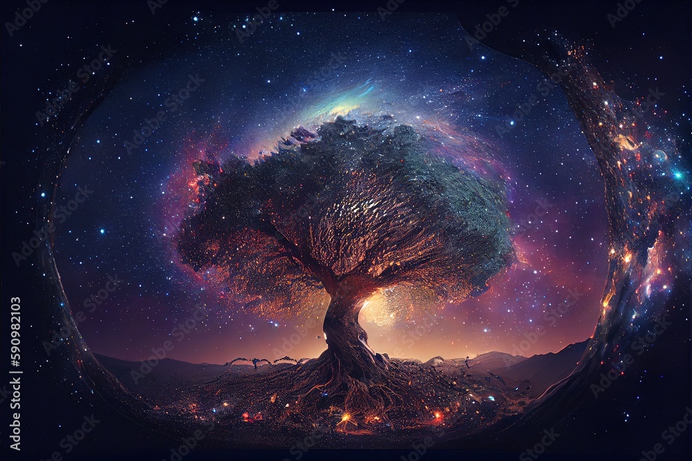 Modern abstract tree with magical neon light on fantasy tree frame ...