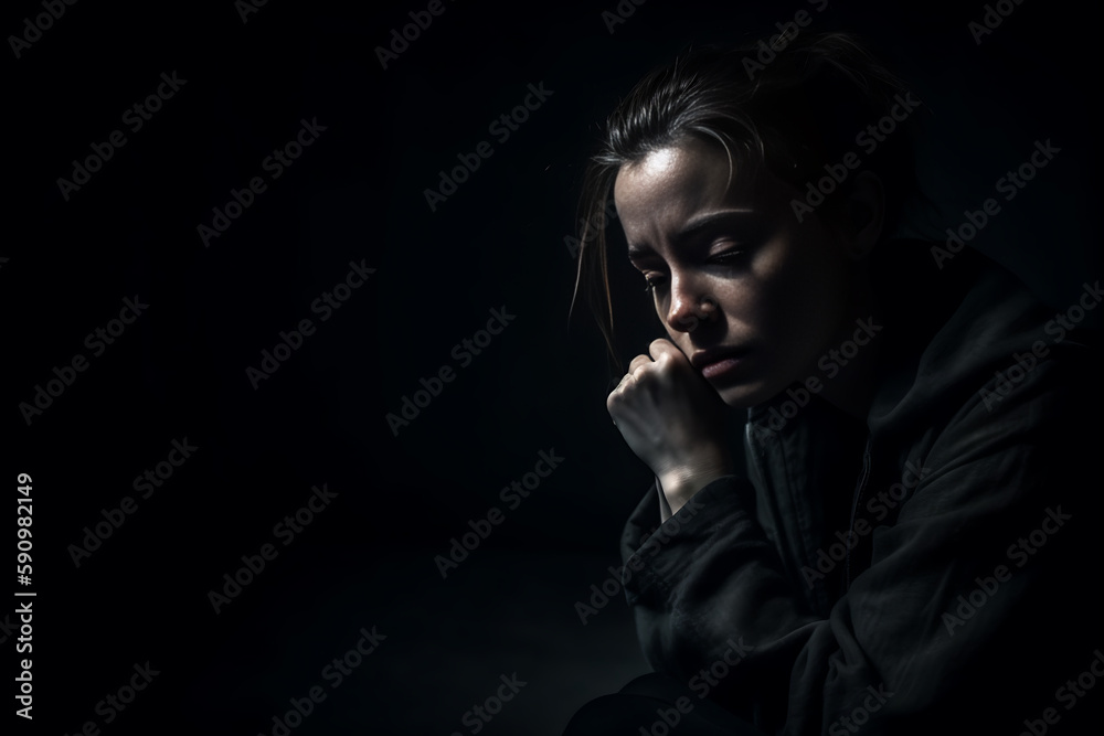 Depressed hopeless woman sitting in dark room on black background, Sad ...