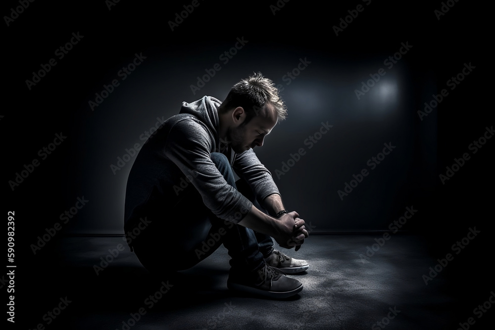 Middle age depress man siting floor in dark room on despair with ...