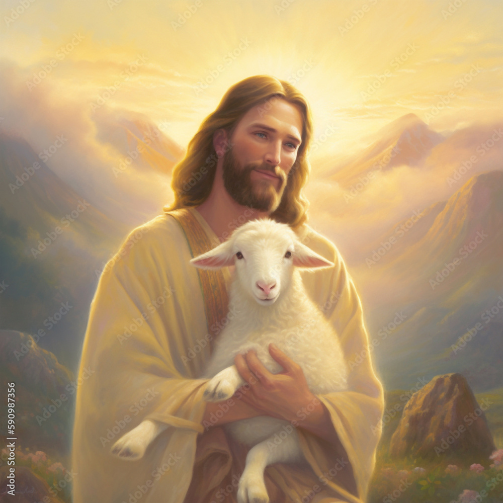 Jesus holding a lamb Stock Illustration | Adobe Stock