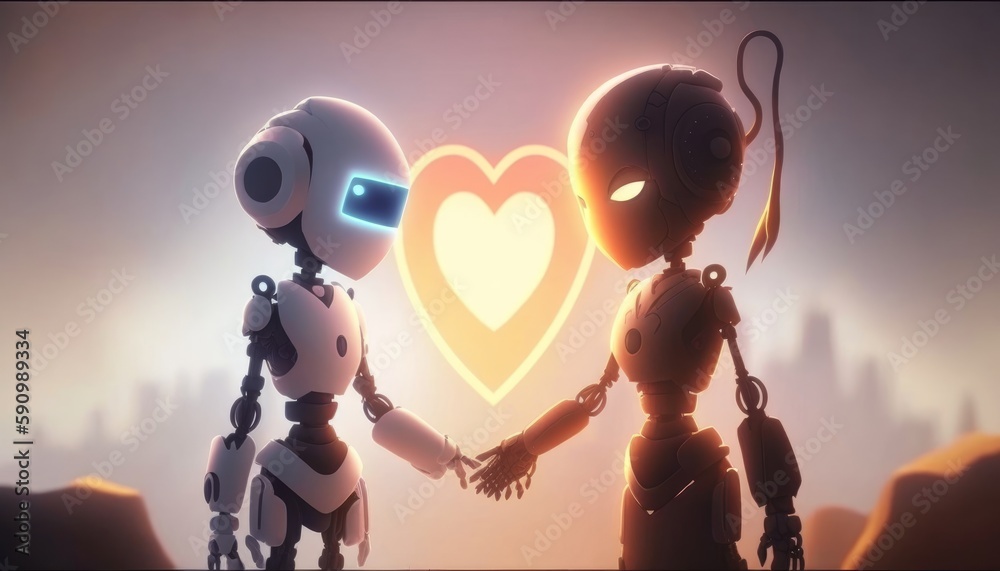 Adorable Little Robots. illustration of two AI avatars holding hands ...