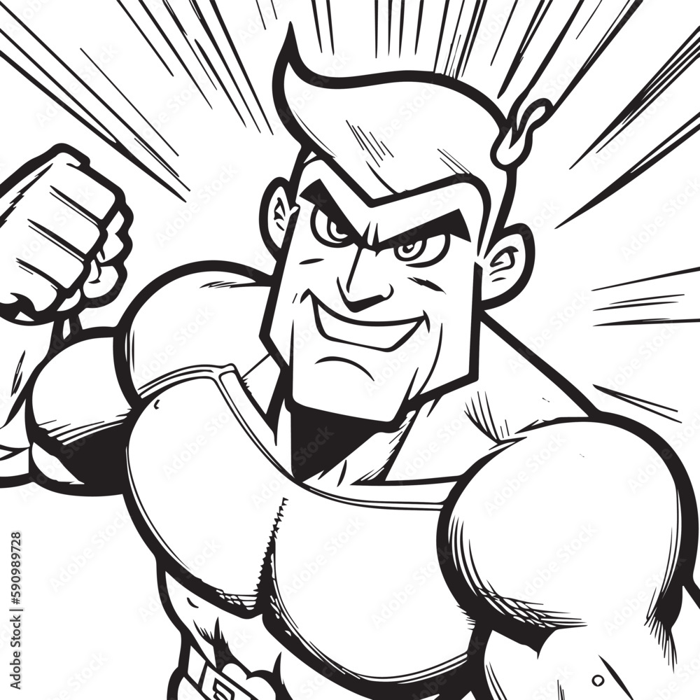 Strong man showing punch. Coloring book. Cartoon vector illustration ...