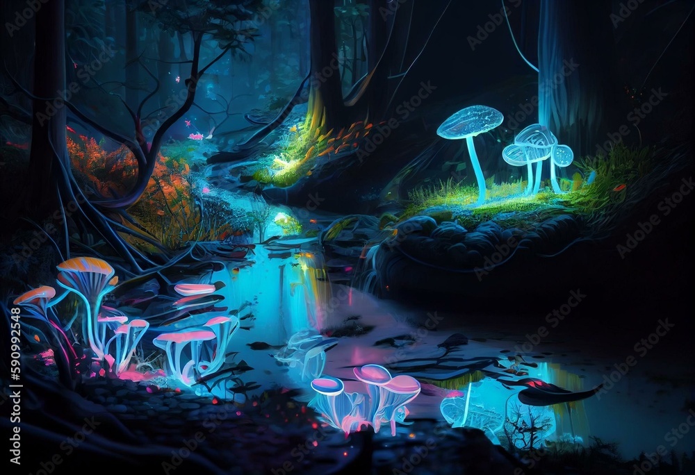 Raster illustration of beautiful fairy forest, with magical lights ...