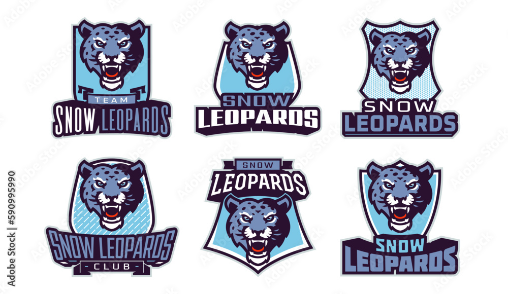 Set of sports logos with snow leopard mascots. Colorful collection ...