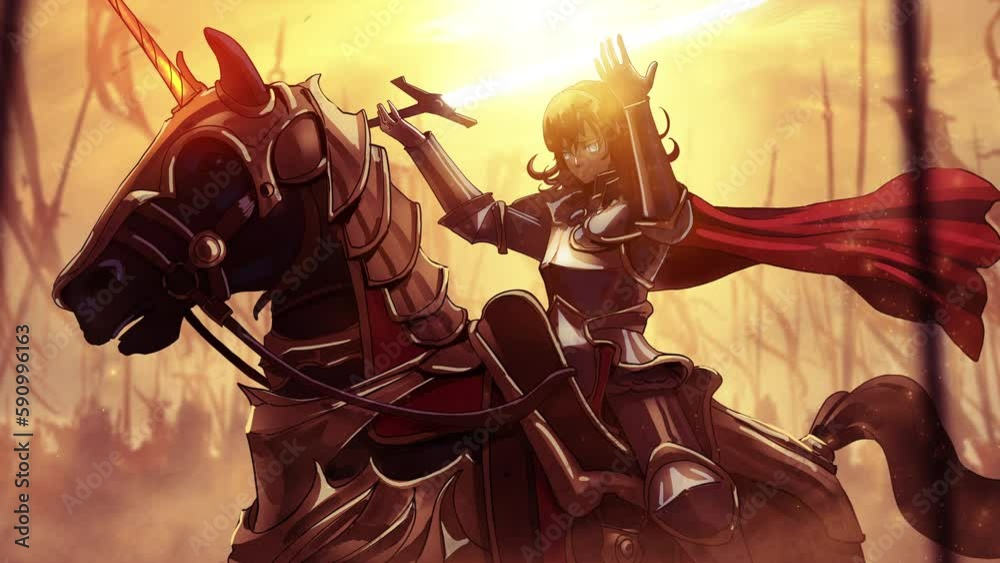 young girl knight with blue eyes, riding a horse in the anime style ...