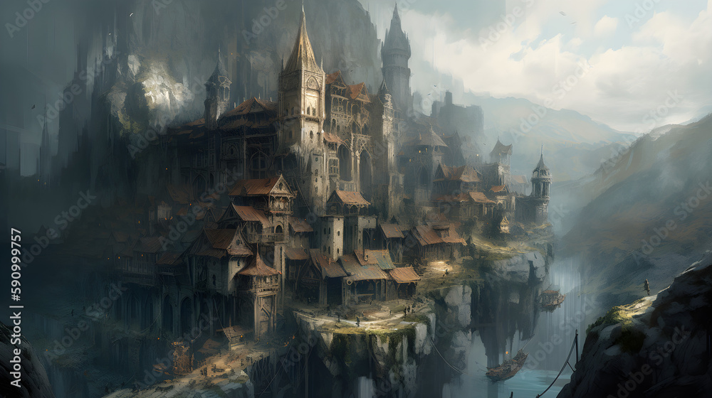 panorama of the mountains,an epic multi leveled fortress city made of ...