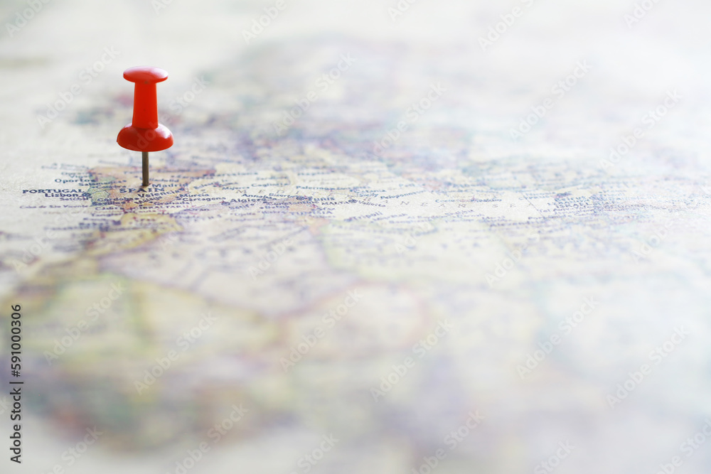 Travel concept. Map and needle with a marked place. Compass point on ...