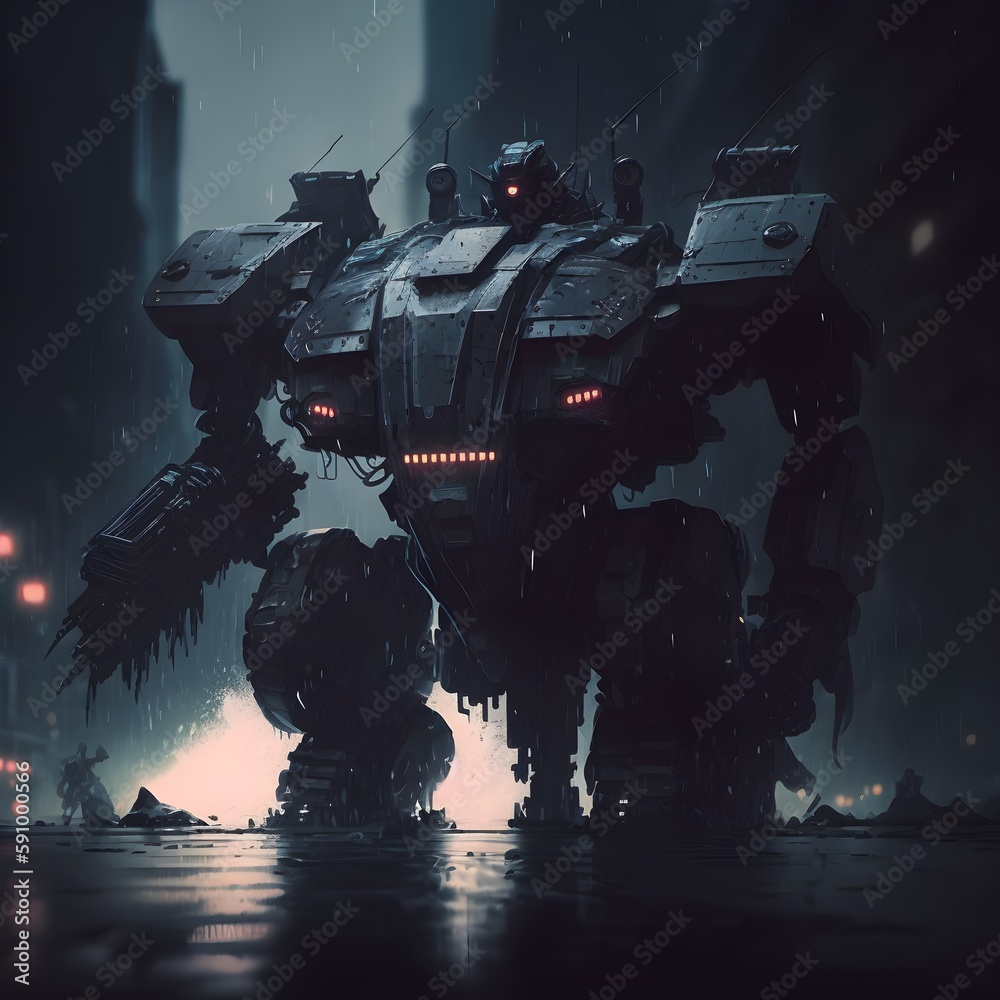 a dark cyberpunk photograph of a mecha robot with large machine guns ...