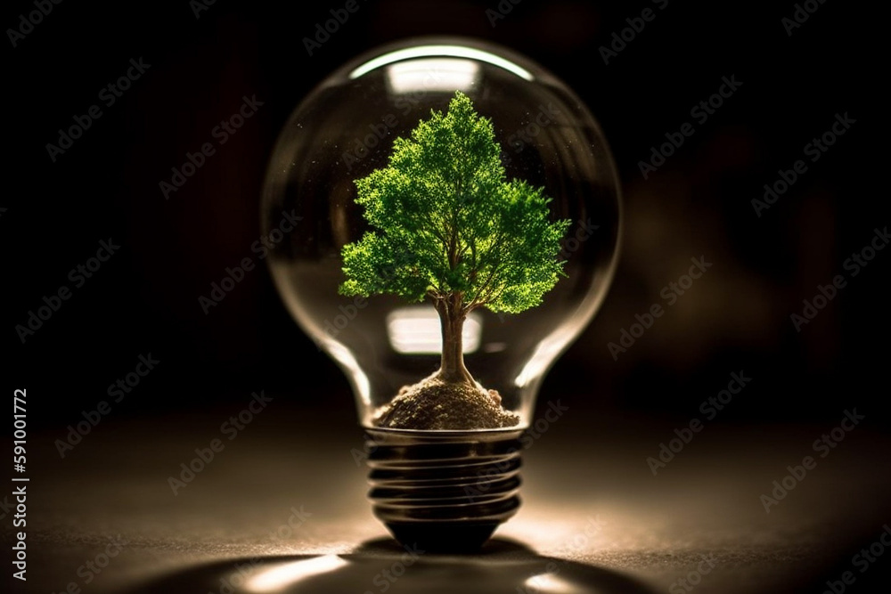 A green tree is depicted inside a light bulb, alongside an energy ...