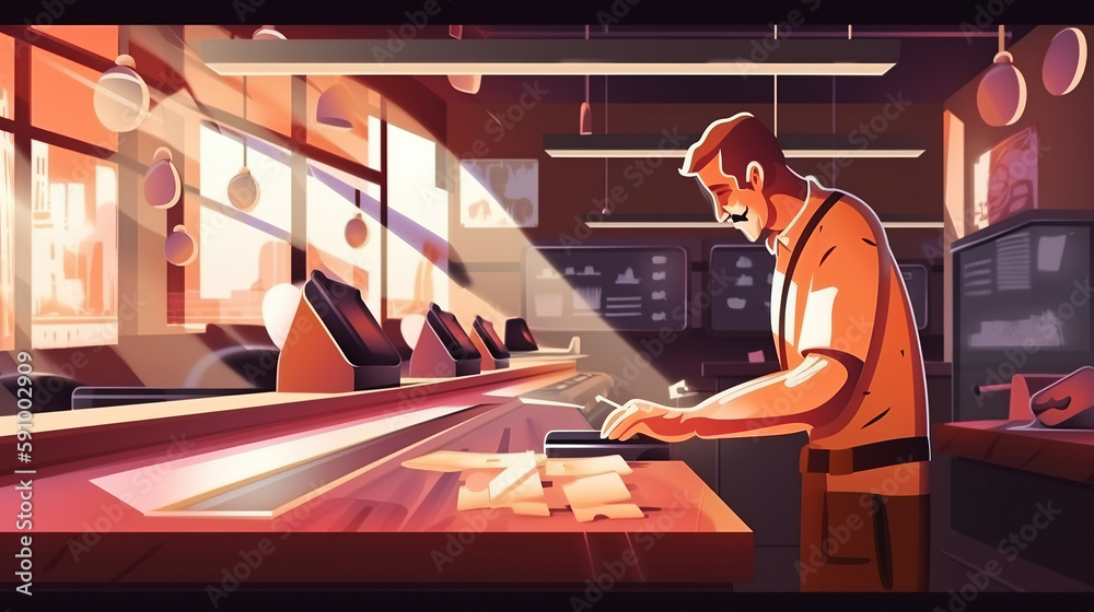ai generated illustration teh teller counting and handling cash Stock ...