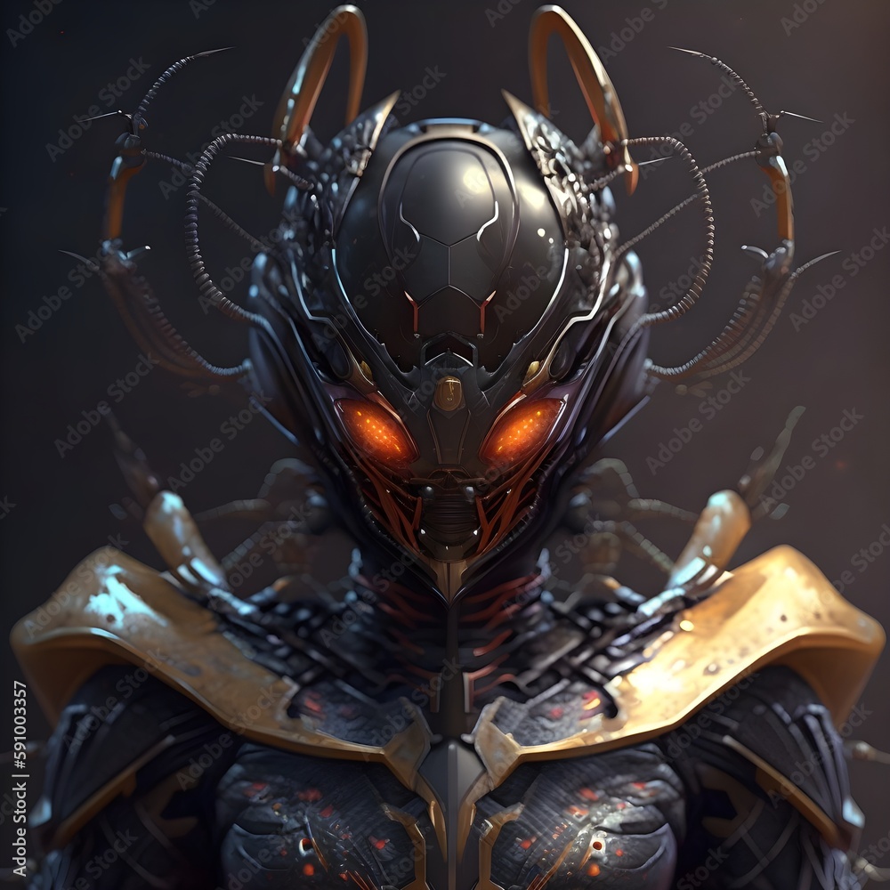 the queen ant in a space style would have a detailed upper body ...