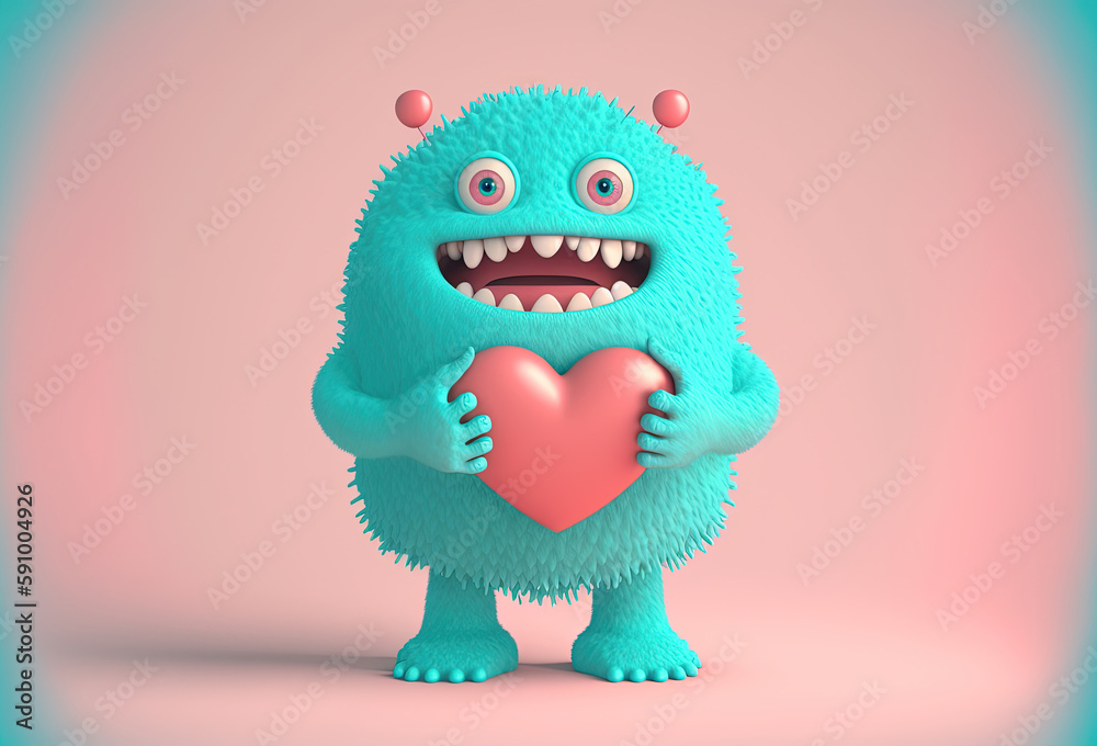 3D character is a cute monster holding a heart. Funny toothy alien ...