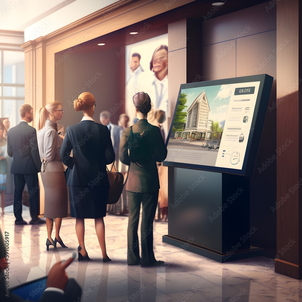 realistic image of a sophisticated hotel lobby full of people with a ...