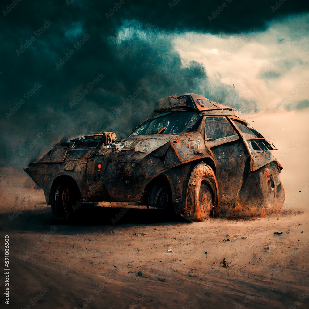 armored moder hatchback driving through an abandoned world mad max ...