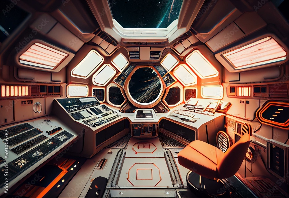 3D digital concept art of a galactic space ship interior. Inside the ...