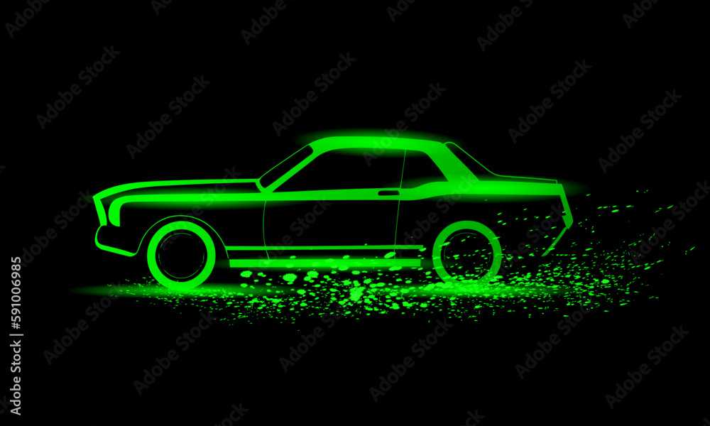 Green neon retro car and splash particles. Glowing Neon old car on ...