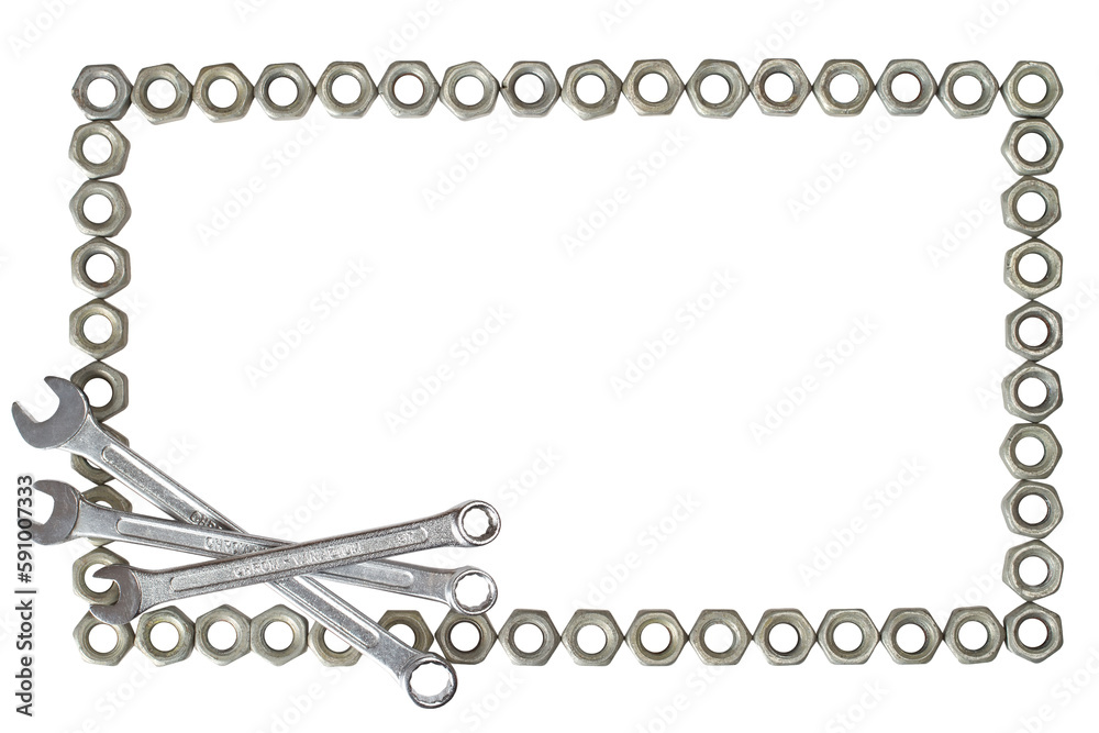 A frame of iron nuts and wrenches on a white background. Horizontal ...