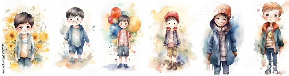 watercolor style illustration set of lovely young boys spring ...