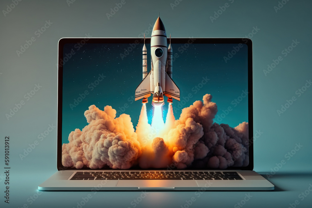 Photo & Art Print Launching space rocket from laptop screen, Generative ...
