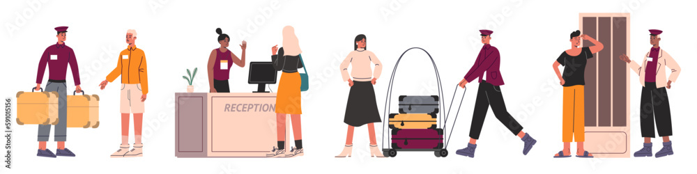 Cartoon hotel visitors. Guesthouse employees. Motel workers and guests ...