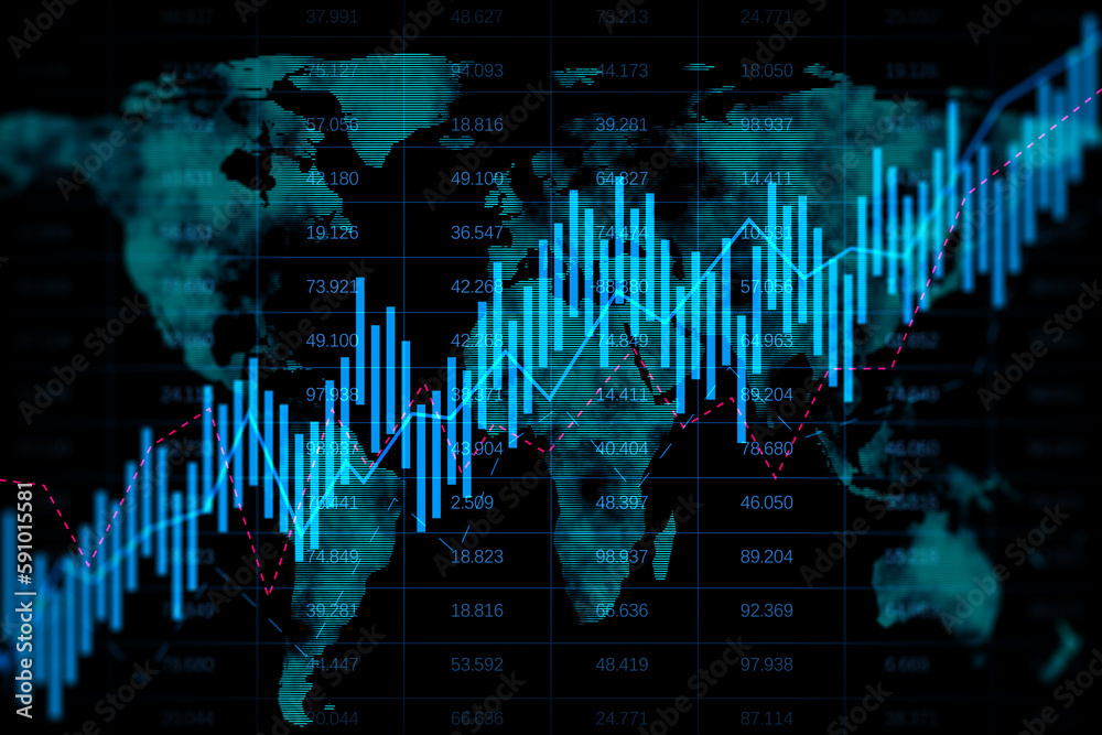 Glowing candlestick forex chart and map on dark background. Trade ...