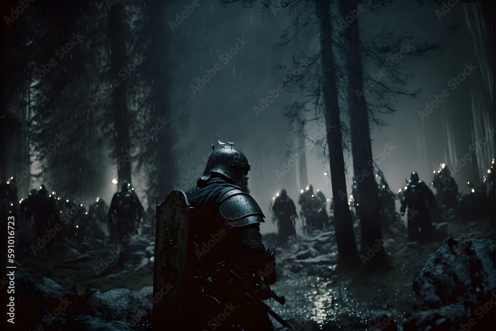 epic battle between a holy knight fighting many orcs in a dark forest ...