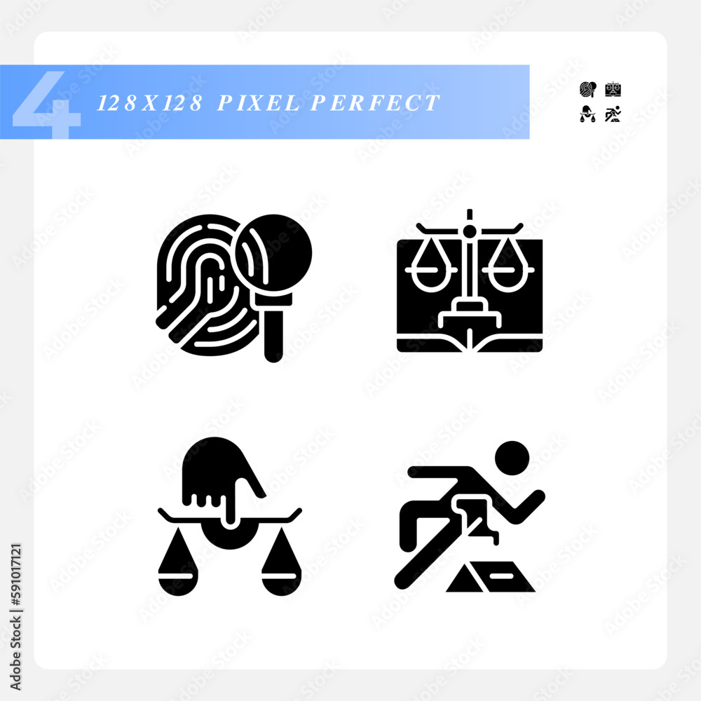 Crime evidences performing in court pixel perfect black glyph icons set ...